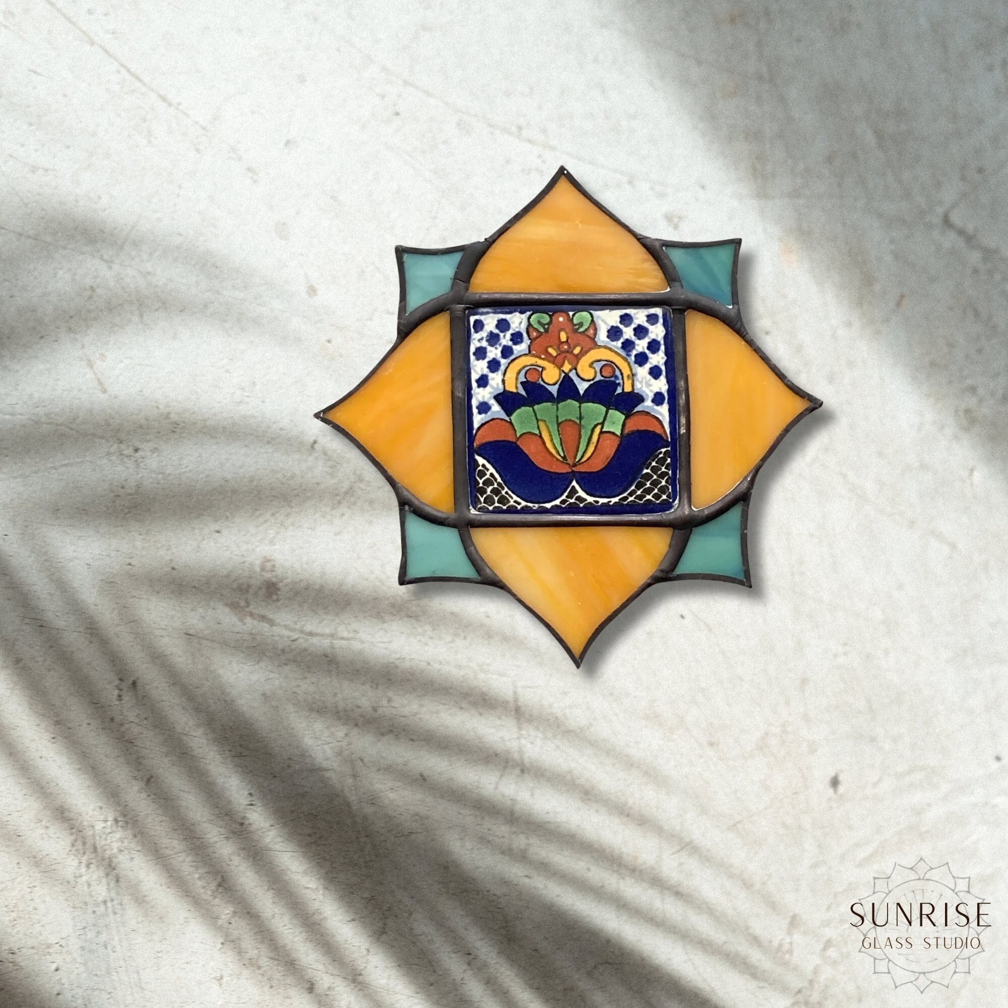 Stained Glass Hand Painted Mexican Sun Face Tile Lotus Mandala Wall ...