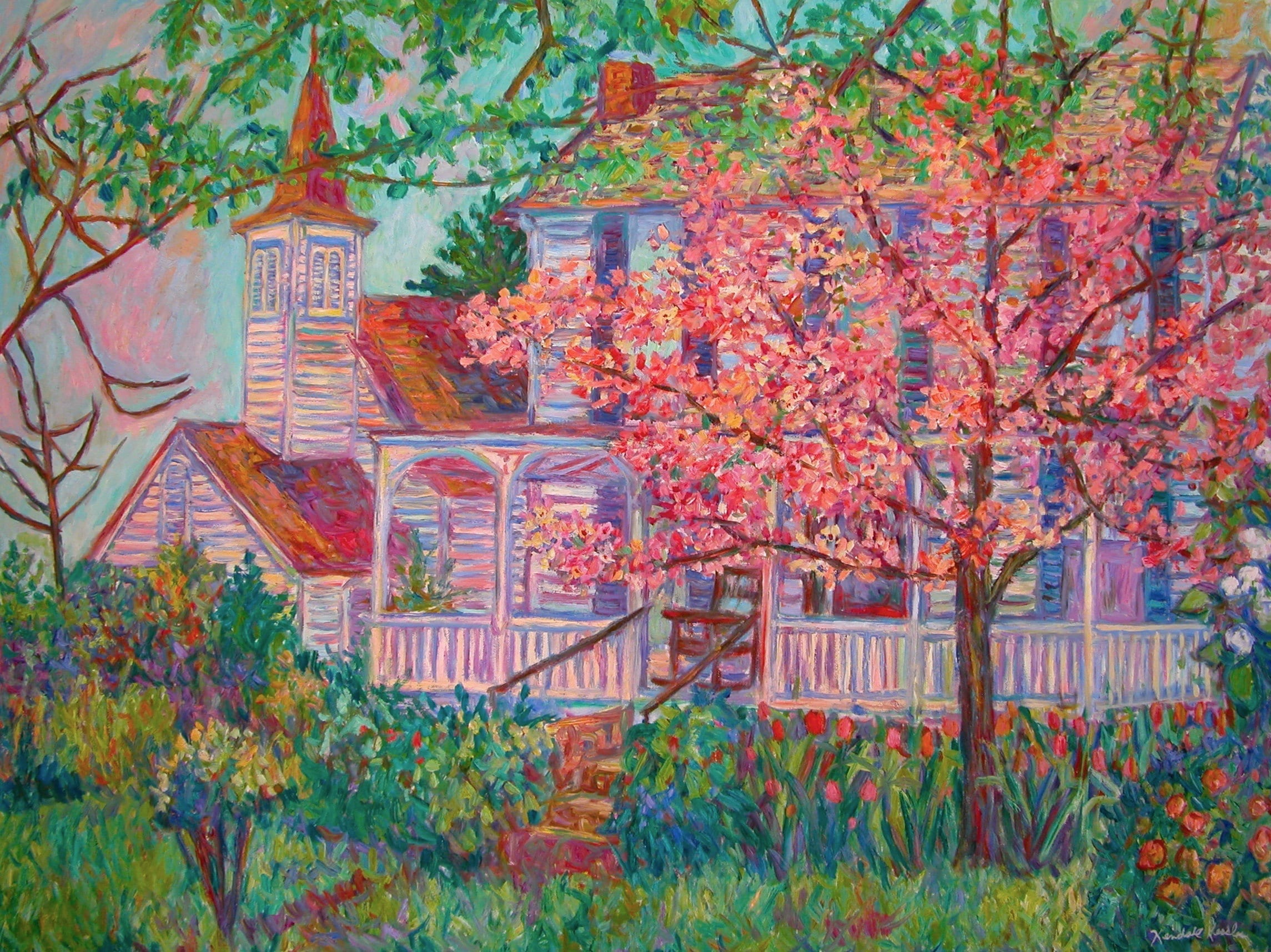 Spring Church Scene Art 40"x30" Impressionist Oil Painting by Award ...