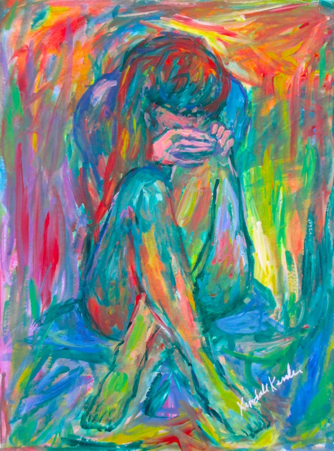 Alone Original Seated Nude Girl Acrylic Painting By Award Winning