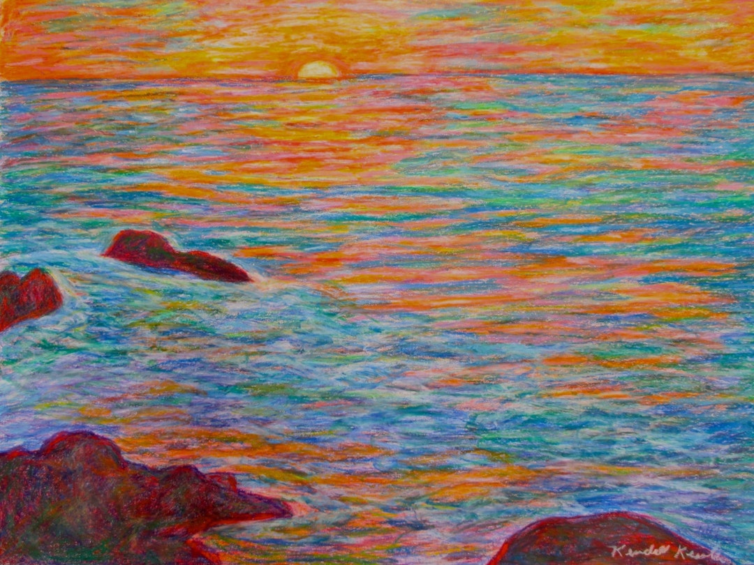 Ocean Sunset Art 19x11 Impressionist Oil Pastel Painting by Award ...