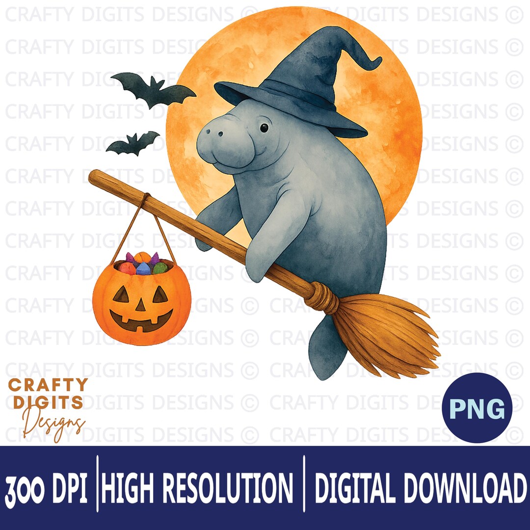 Watercolor Manatee Witch PNG: Halloween Sea Cow Digital Art (4500x5400 ...