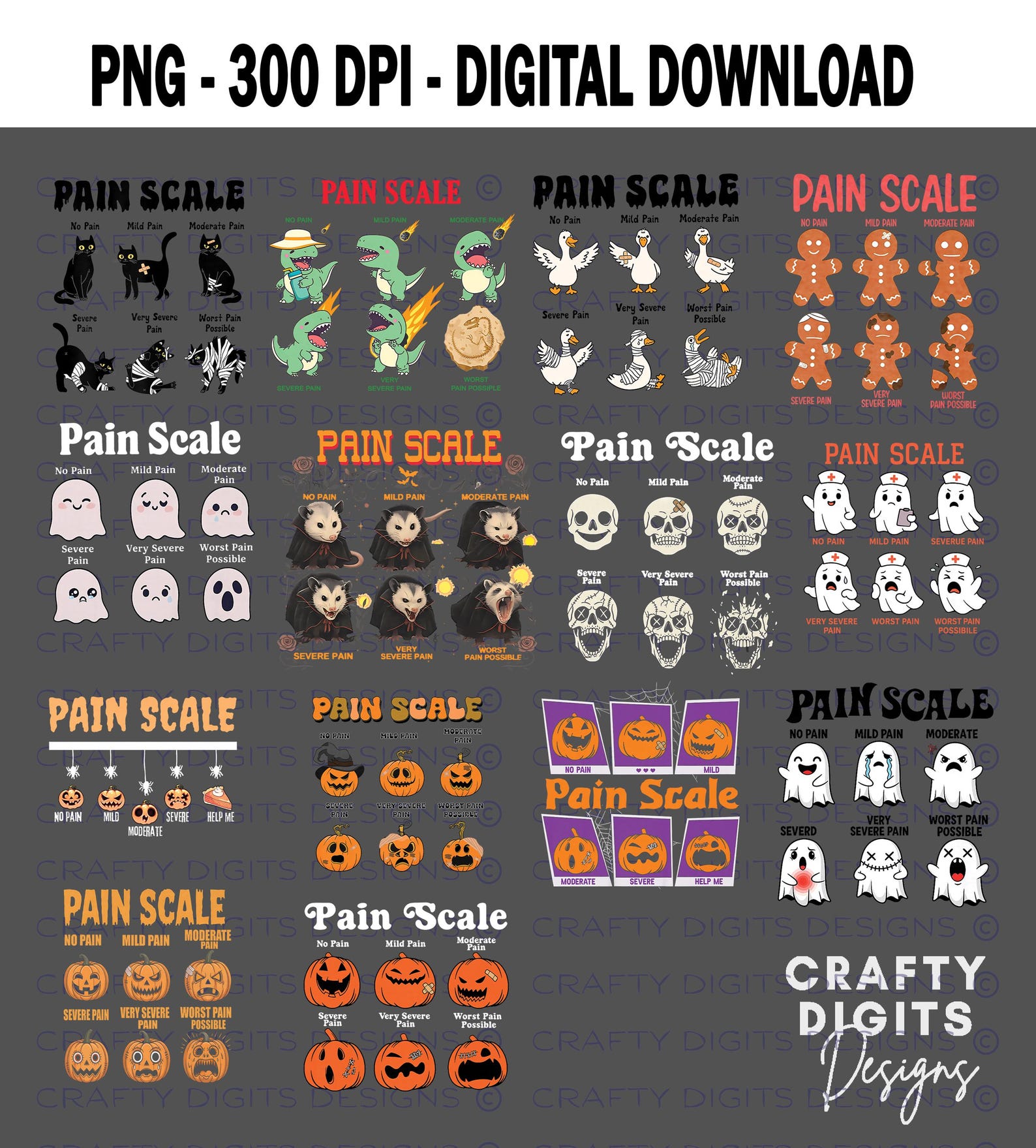 Funny Pain Scale PNG Bundle, Nurse Clipart, Halloween Medical Humor ...