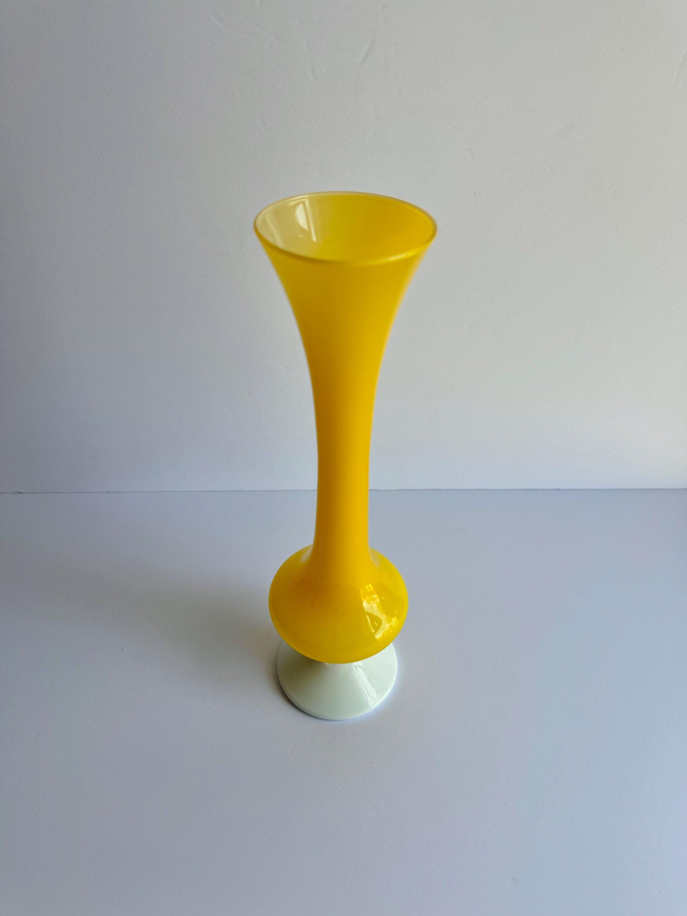Vintage Bright Yellow Glass Vase W/ White Bottom Space Age Retro Mid ...