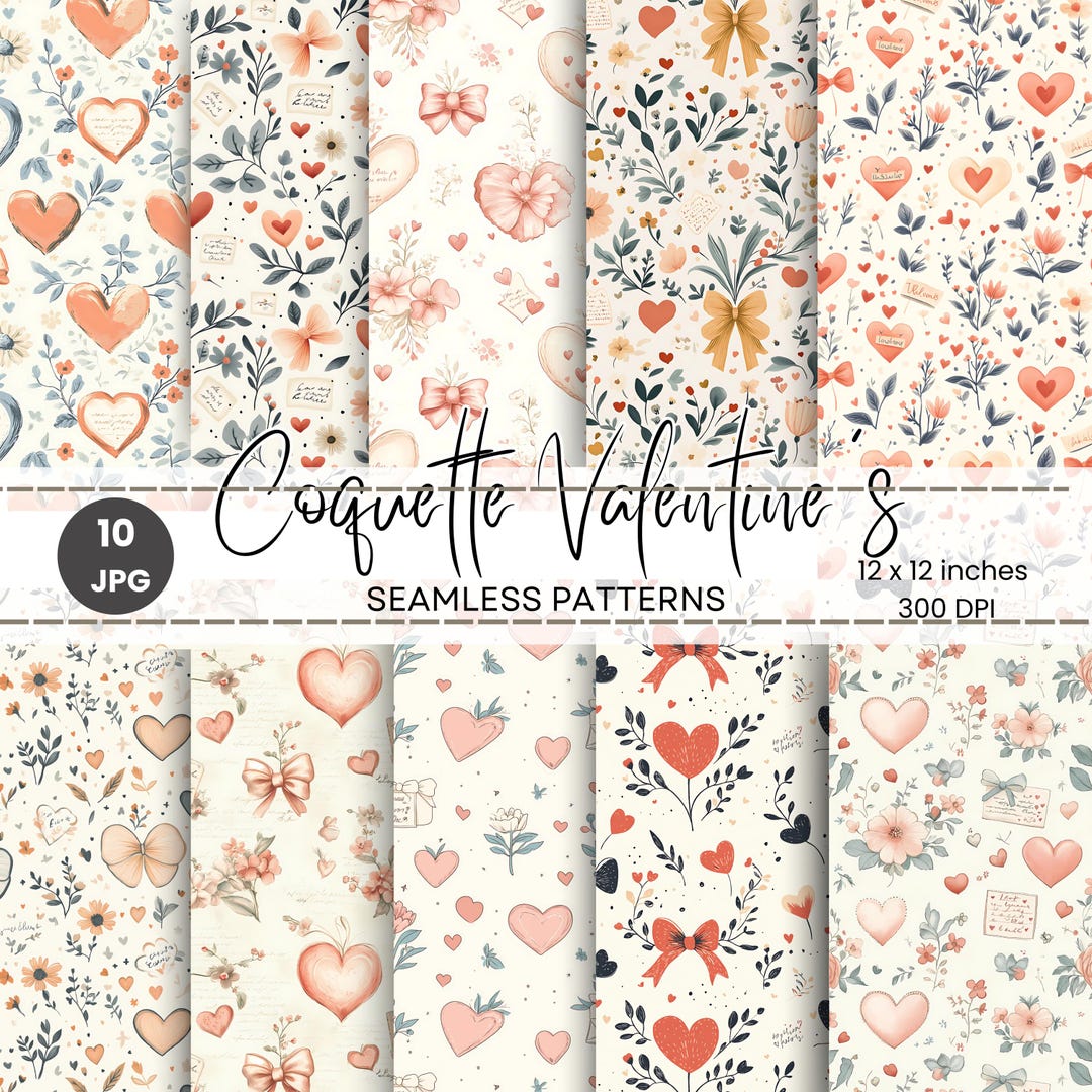 10 Valentines Themed Digital Papers, Seamless Pattern, Coquette ...