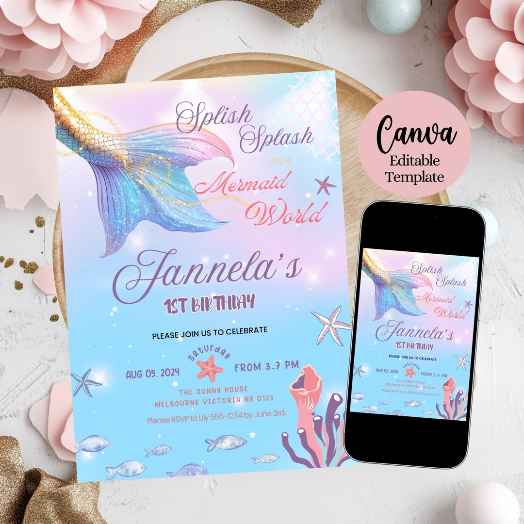 Mermaid Birthday Invitation, Mermaid World Under the Sea Birthday ...