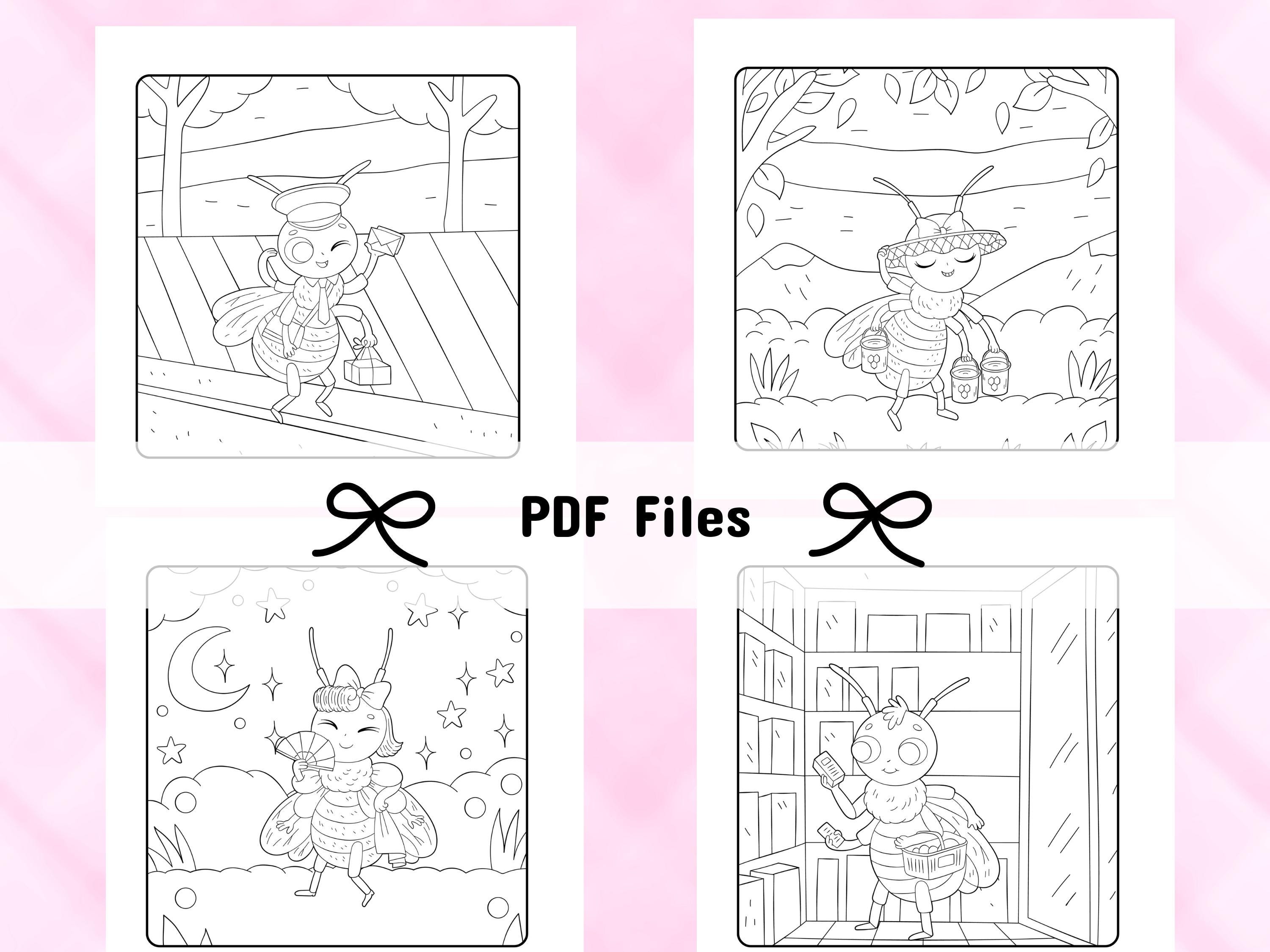 Busy Bee Coloring Pages, Insects Coloring for Adults and Kids Books, 30 ...