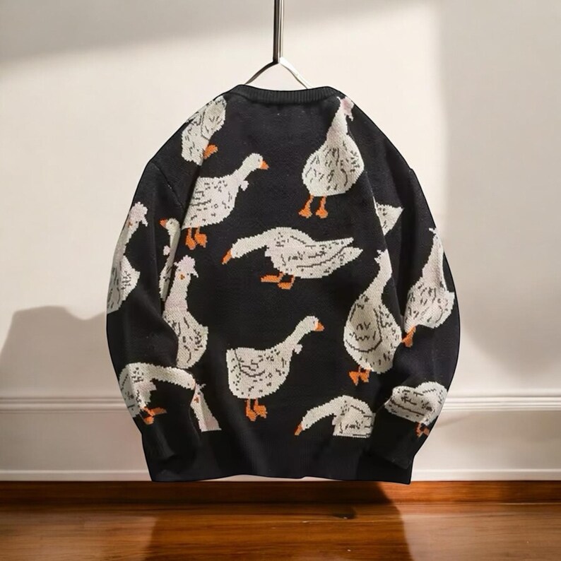 Goose Pattern Sweater, Animal Print Knitted Sweater, Oversized Unisex ...