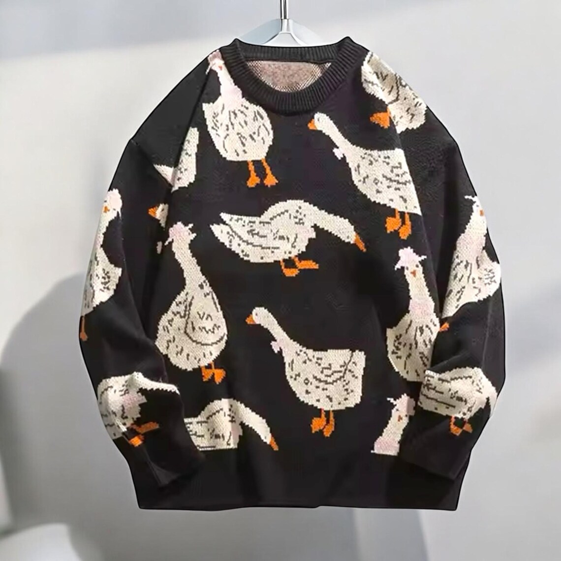 Goose Pattern Sweater, Animal Print Knitted Sweater, Oversized Unisex ...