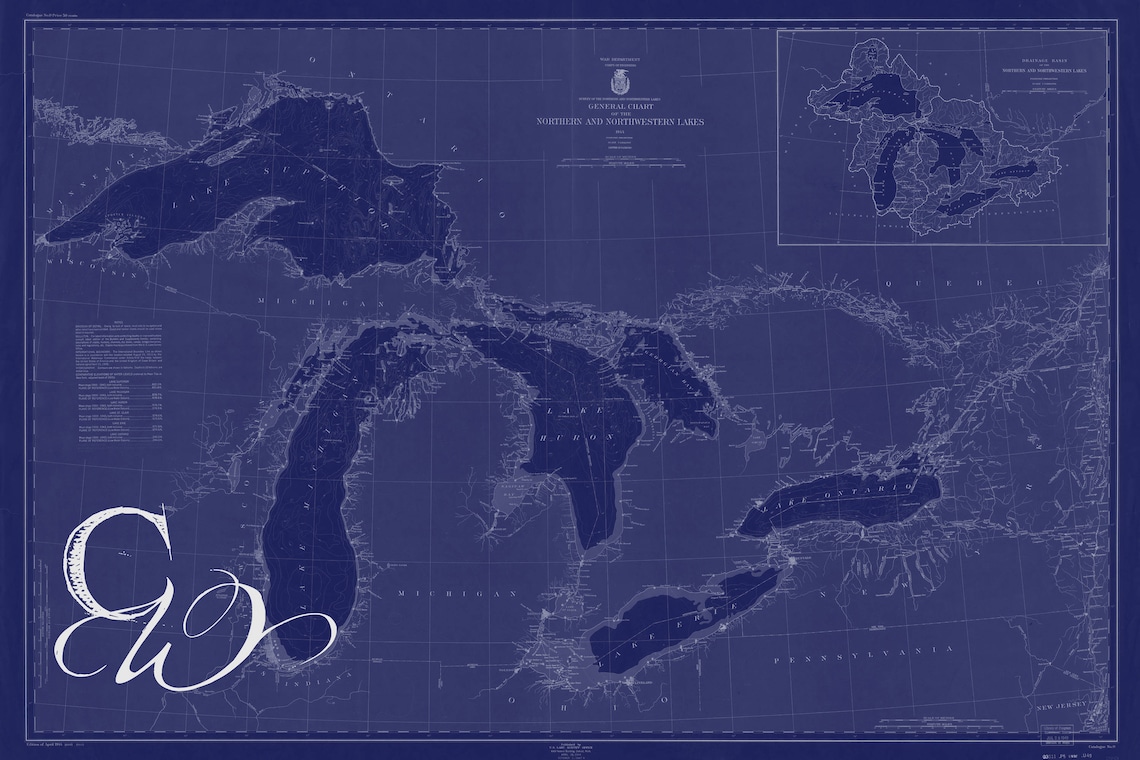 Great Lakes Nautical Chart, Map Art 1947 Dark Blue DIGITAL DOWNLOAD, 20 ...