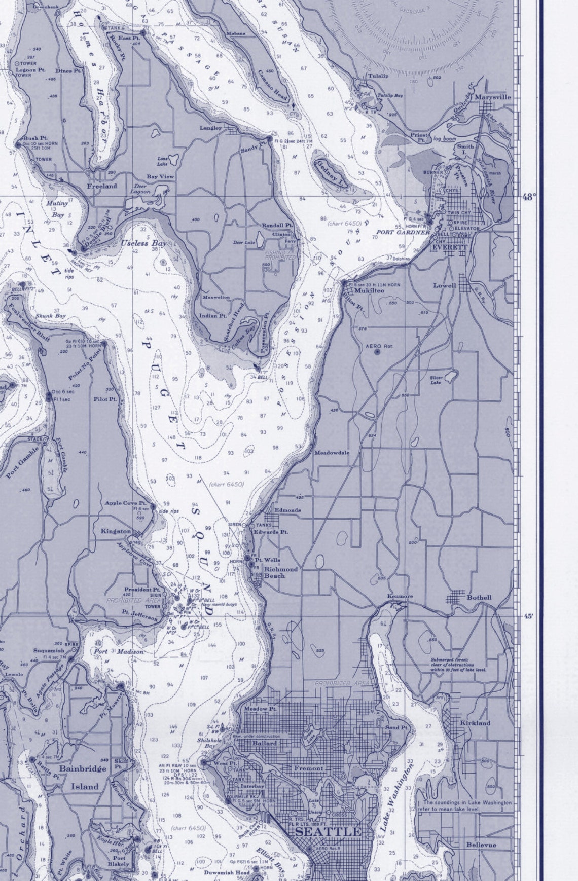 Puget Sound Nautical Map Art: 1957 Washington State Chart (digital ...