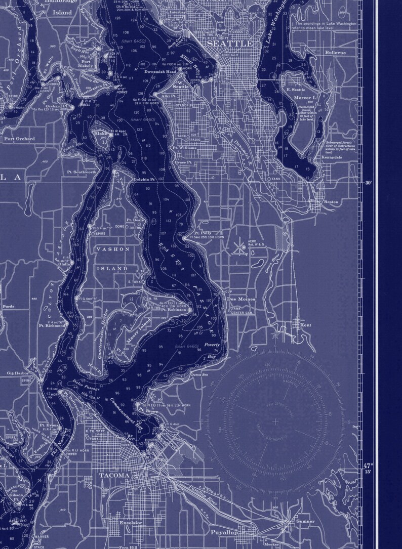 Puget Sound Washington State Nautical Chart Map 1956 Dark Blue Instant ...