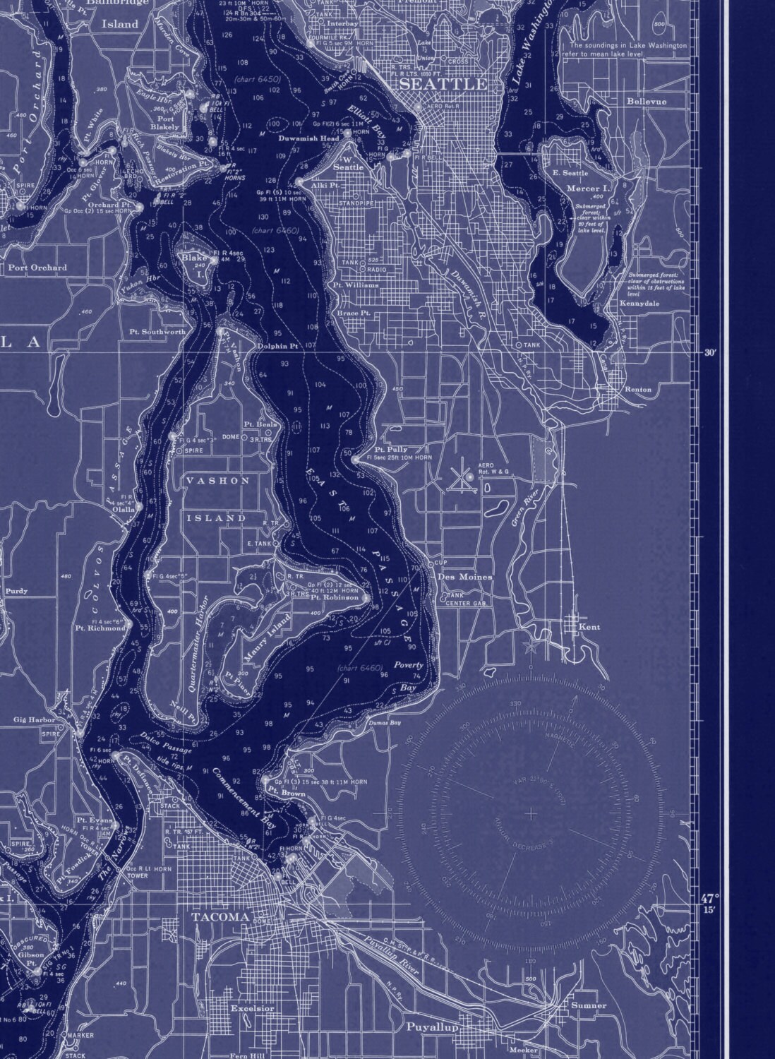 Puget Sound Washington State Nautical Chart Map 1956 Dark Blue Instant ...