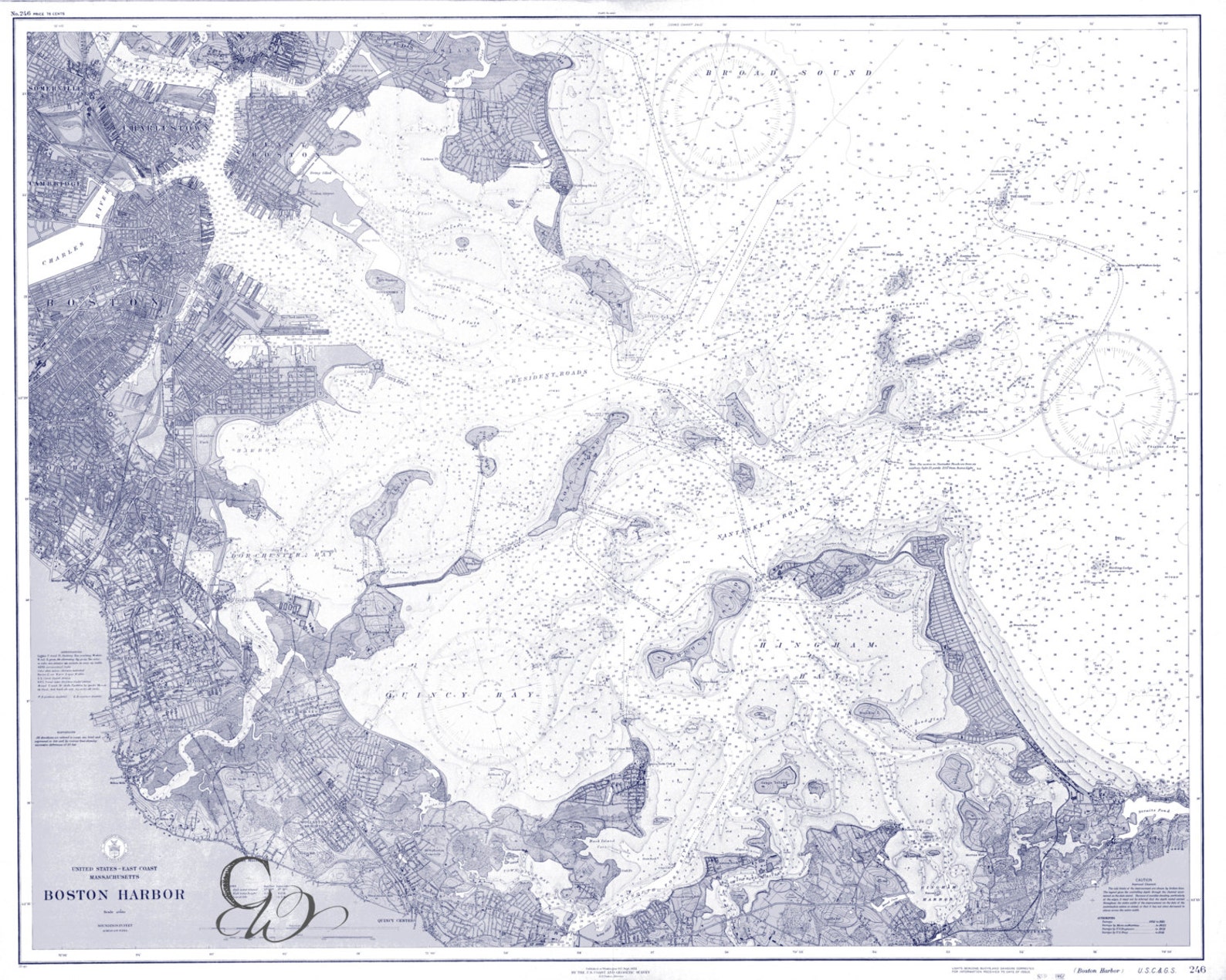 Boston Harbor Massachusetts Nautical Chart Map 1932 Blue PRINTABLE ...