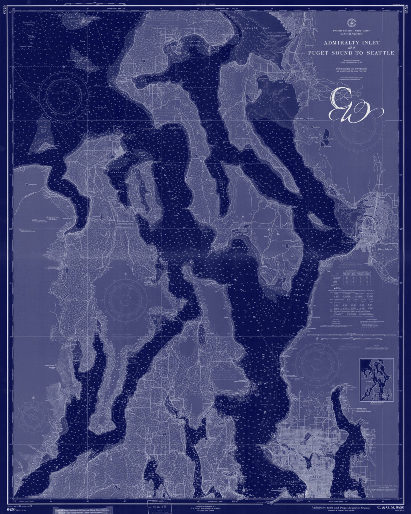 Puget Sound Seattle Nautical Chart Map 1959 Dark Blue DIGITAL PRINT 16 ...