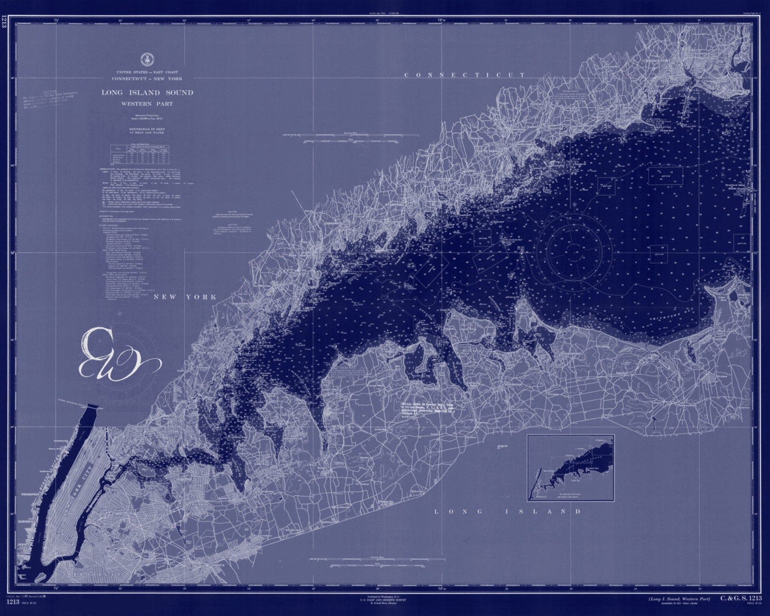 Western Long Island Sound New York Nautical Chart Map 1958 Dark Blue ...