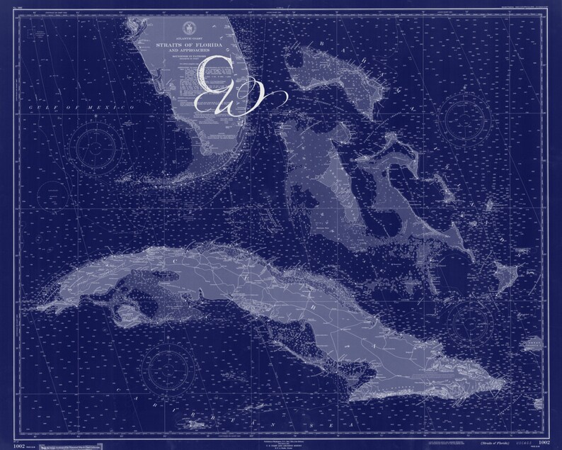 Florida Straits Cuba Nautical Map Art Print: 1954 Dark Blue (digital ...