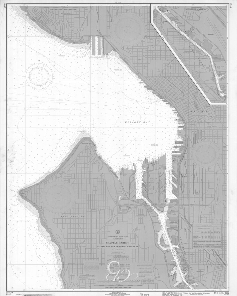 Seattle Nautical Chart Map 1968 Grey DIGITAL PRINT - Etsy