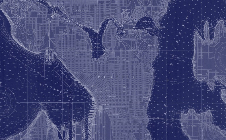 Seattle and Lake Washington Nautical Chart Map 1948 Blue DIGITAL PRINT ...