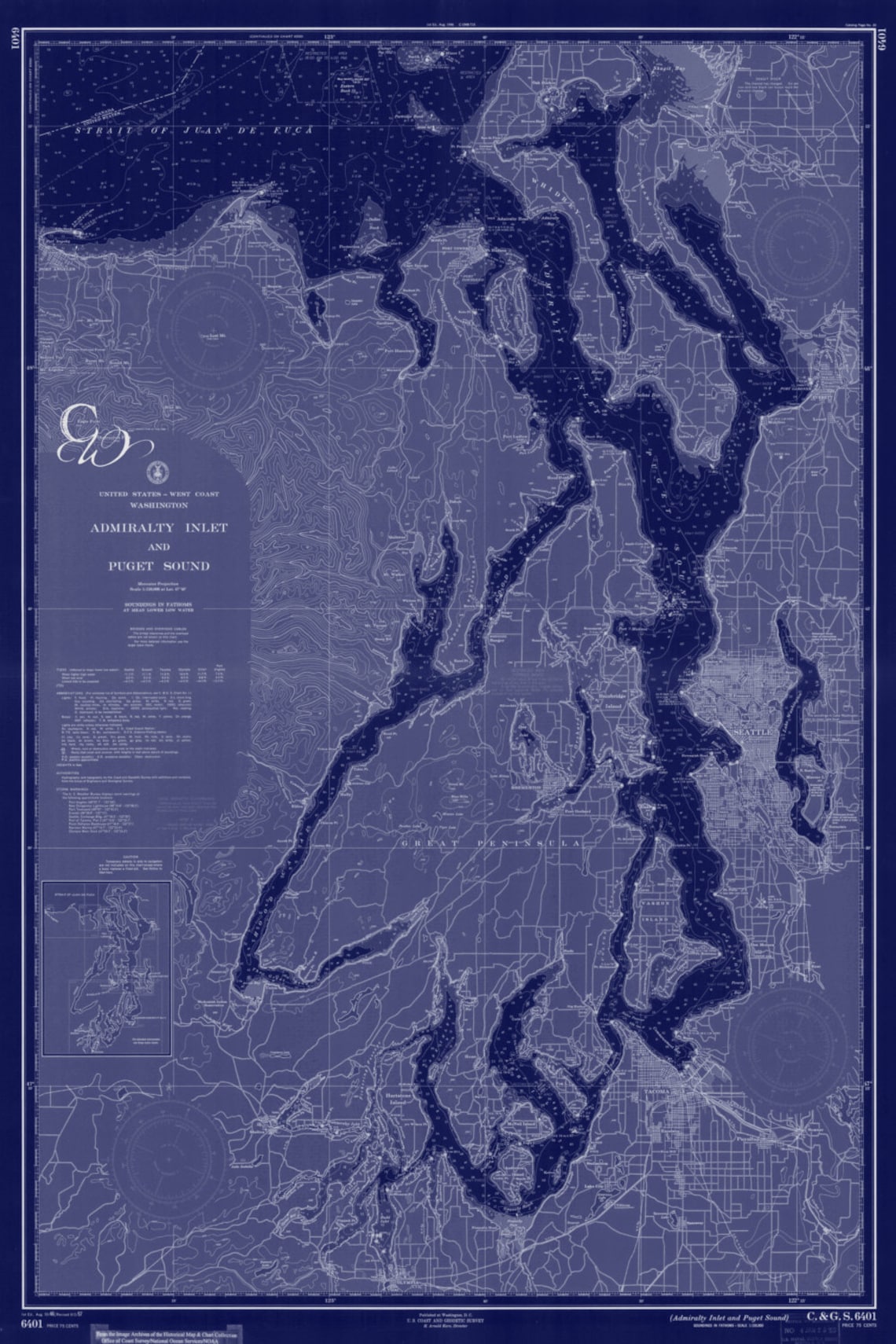Puget Sound Washington State Nautical Chart Map 1956 Dark Blue Instant ...