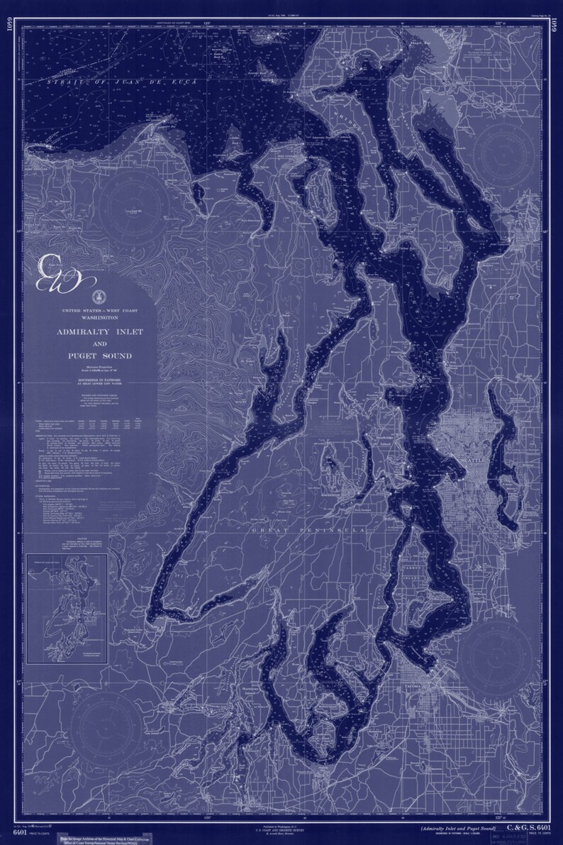 Puget Sound Washington State Nautical Chart Map 1956 Dark Blue Instant ...