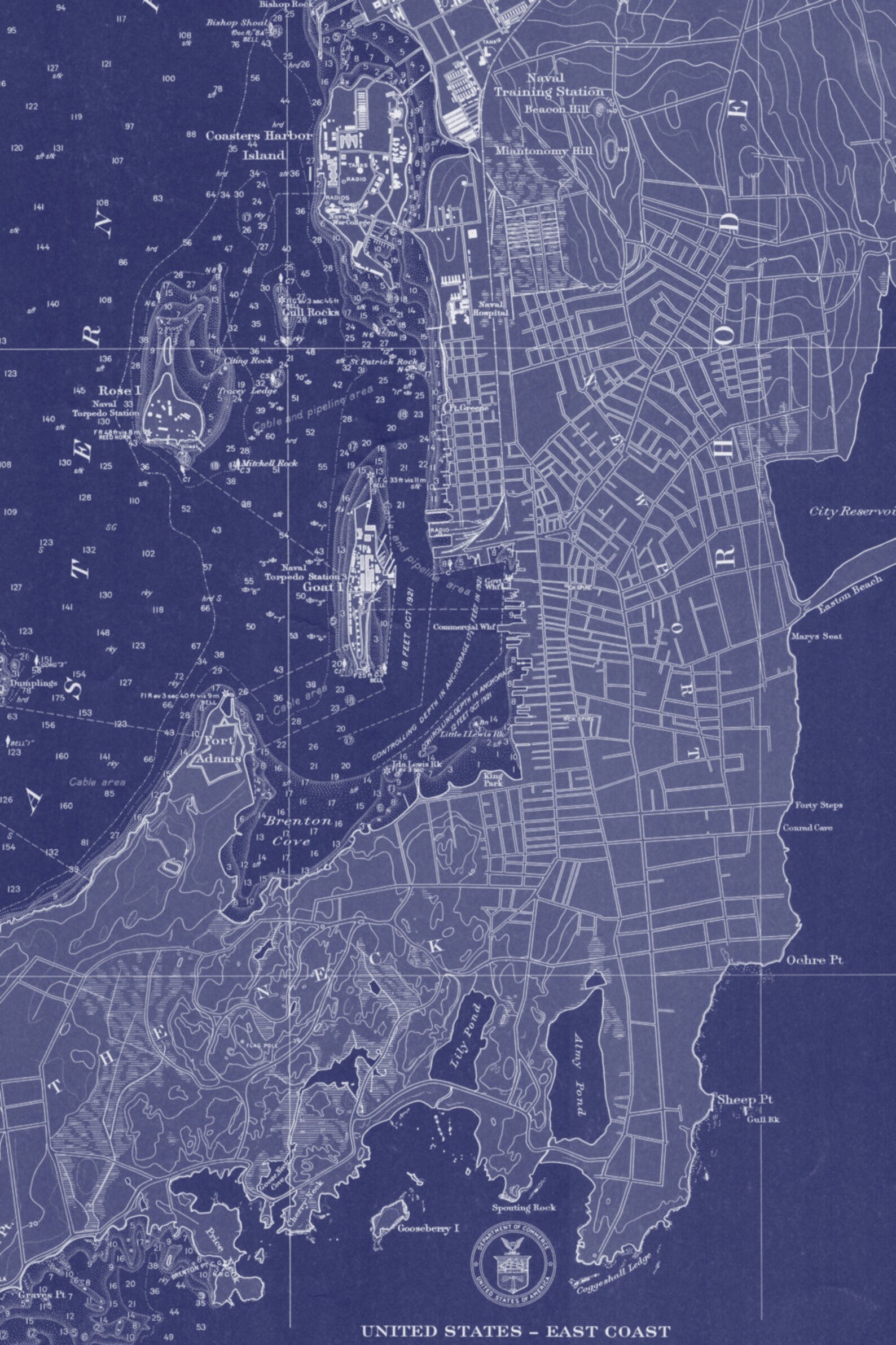 Newport Harbor Rhode Island Nautical Chart Map 1931 Blue, DIGITAL PRINT ...
