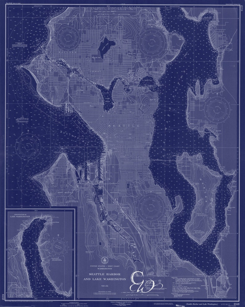 Seattle and Lake Washington Nautical Chart Map 1948 Blue DIGITAL PRINT ...