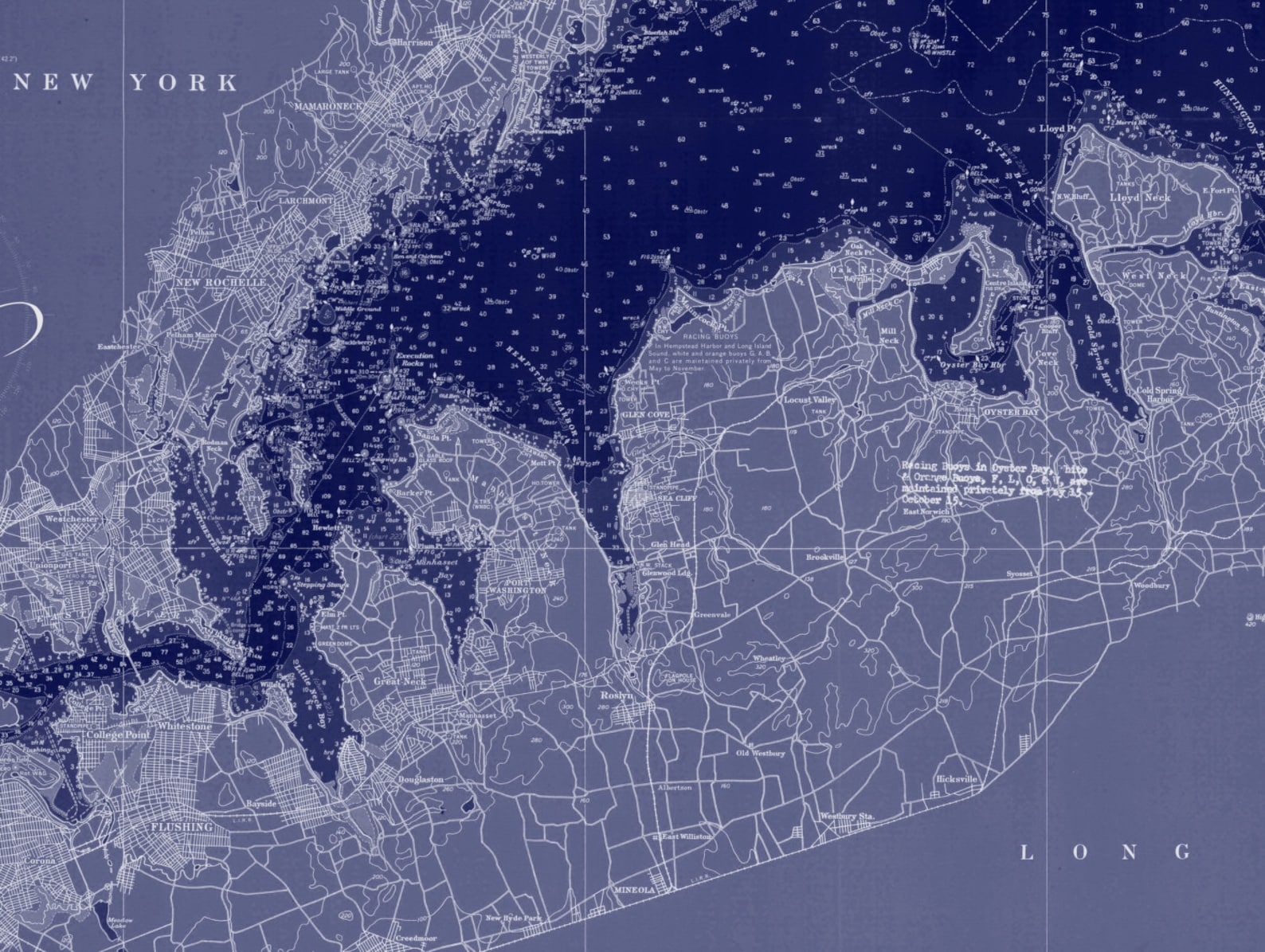 Western Long Island Sound New York Nautical Chart Map 1958 Dark Blue ...
