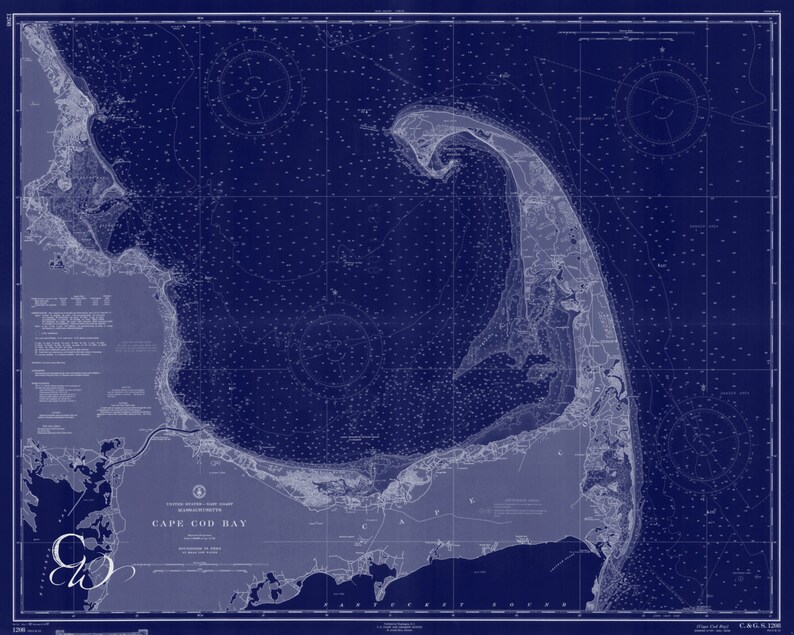Cape Cod Massachusetts Nautical Chart Map 1956 Dark Blue, DIGITAL PRINT ...