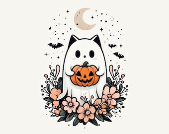 Adorable Cat Dressed as Ghost Digital Art | Halloween Cat With Pumpkin ...