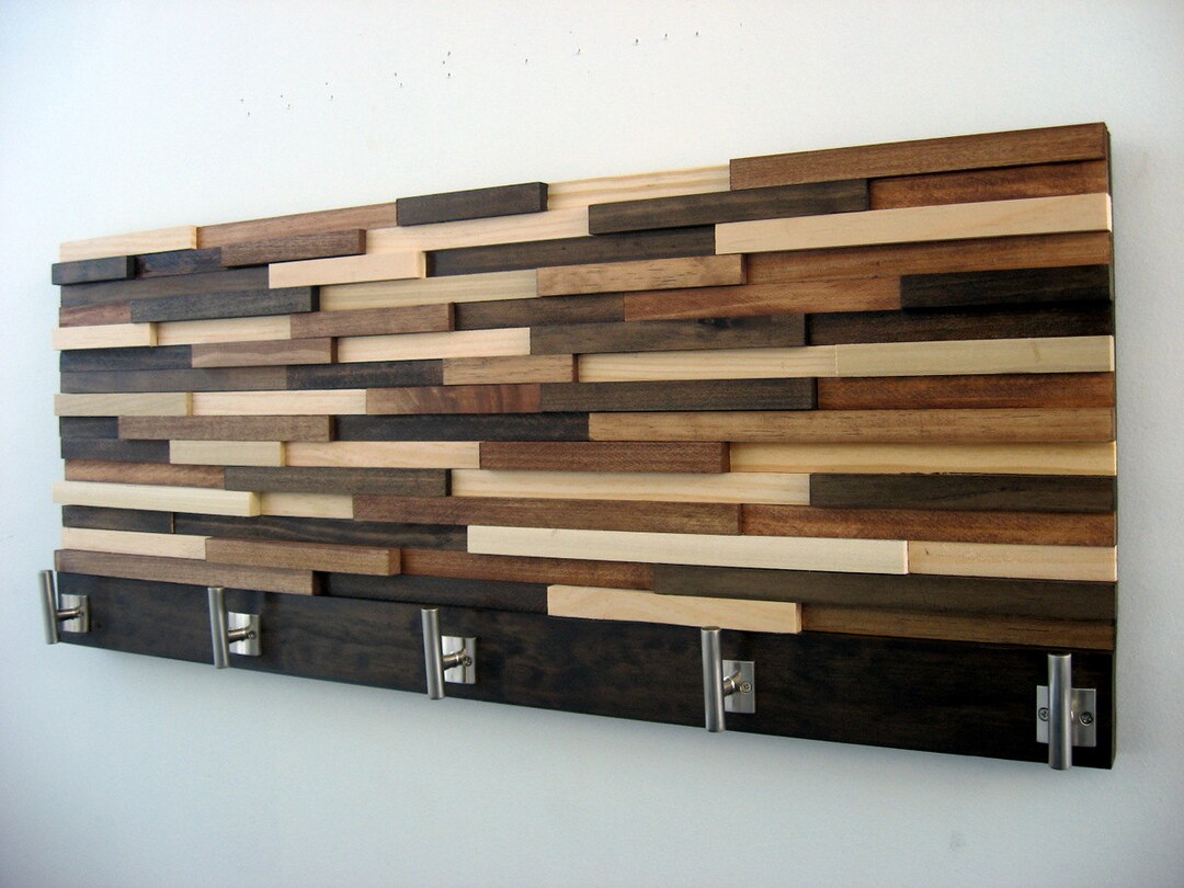 Rustic Wood Wall Coat Rack With Silver Hooks, Modern Rustic Art, Modern ...