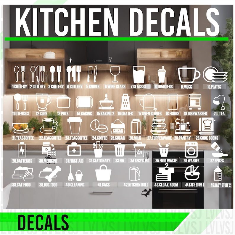 Minimalist Kitchen Utensil Icon Decals – Sleek Kitchen Labels for ...