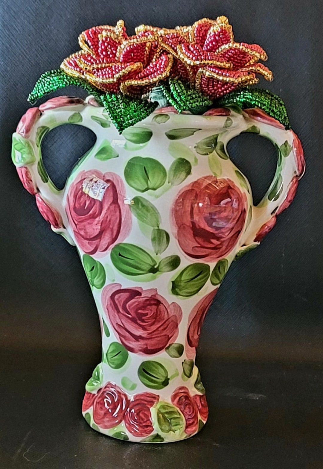 Emily Rose Vintage Vase Filled With French Beaded Flowers - Etsy