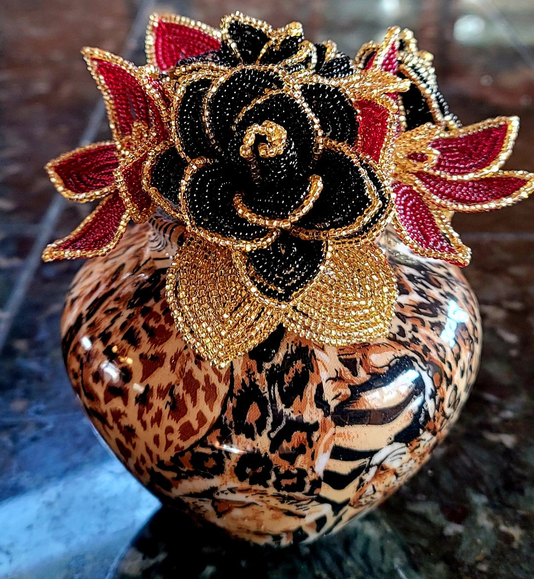 OOAK Vintage Safari Vase With French Beaded Flowers - Etsy