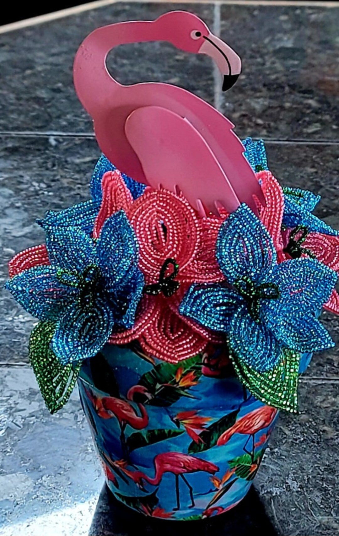Flamingo Decoupage Pot Filled With French Beaded Flowers - Etsy