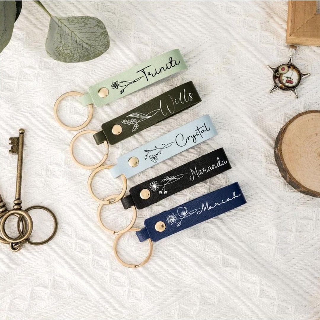 Personalized Birth Flower Keychain, Engraved Leather Keyring, Custom ...