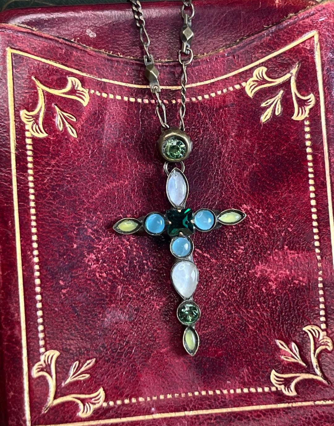 Vintage Signed Sorrelli Cross Costume Rhinestone Necklace Green & Blue ...