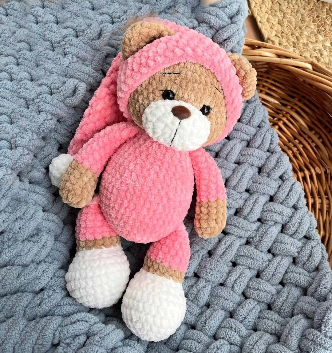 Plush Teddy Bear, Cozy Crochet Bear With Hat, Soft Handmade Stuffed ...