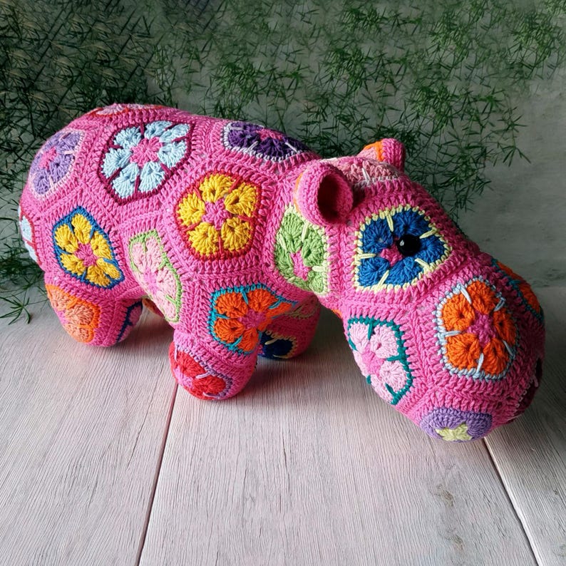 Colorful Crochet Hippo Plush – African Flower Amigurumi Hippopotamus ...