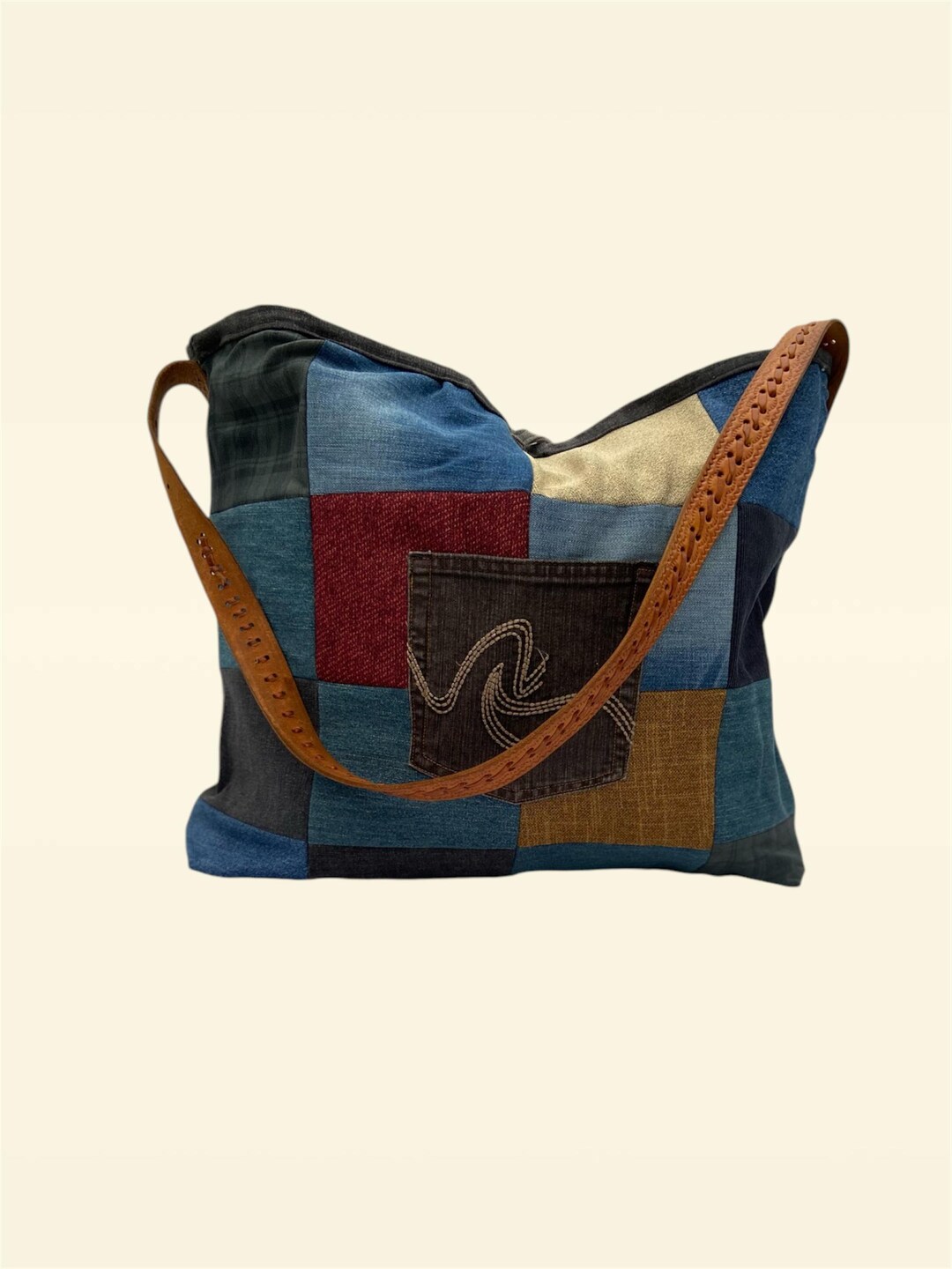 Unisex Patchwork Shopper, Upcycling From Blue and Brown Jeans, Checked ...