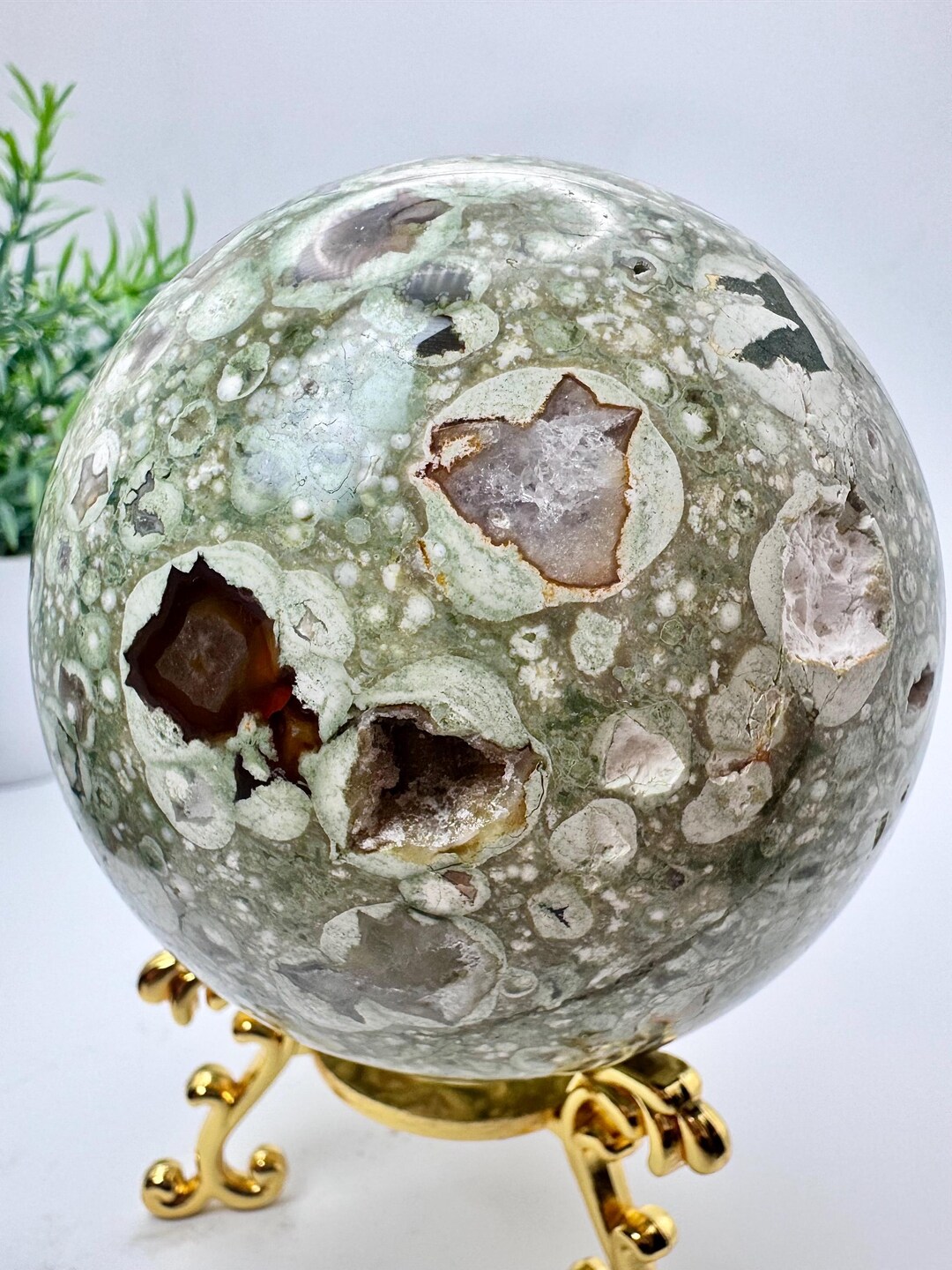 Natural Crystal Large Druzy Rainforest Jasper Sphere 3.5” Diameter, 865 ...