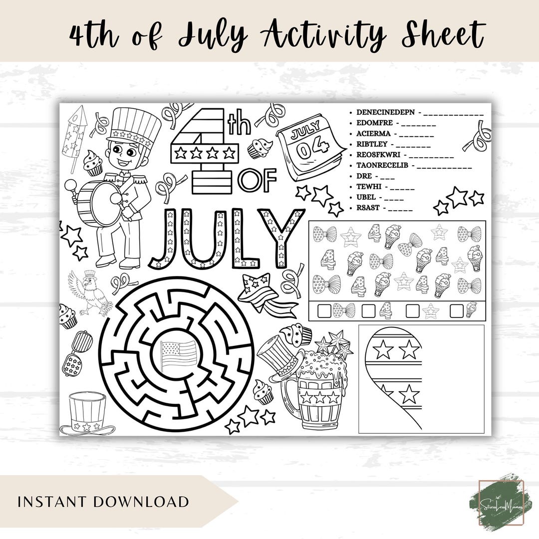 4th of July Activity Sheet for Kids, Printable Worksheet, Independence ...