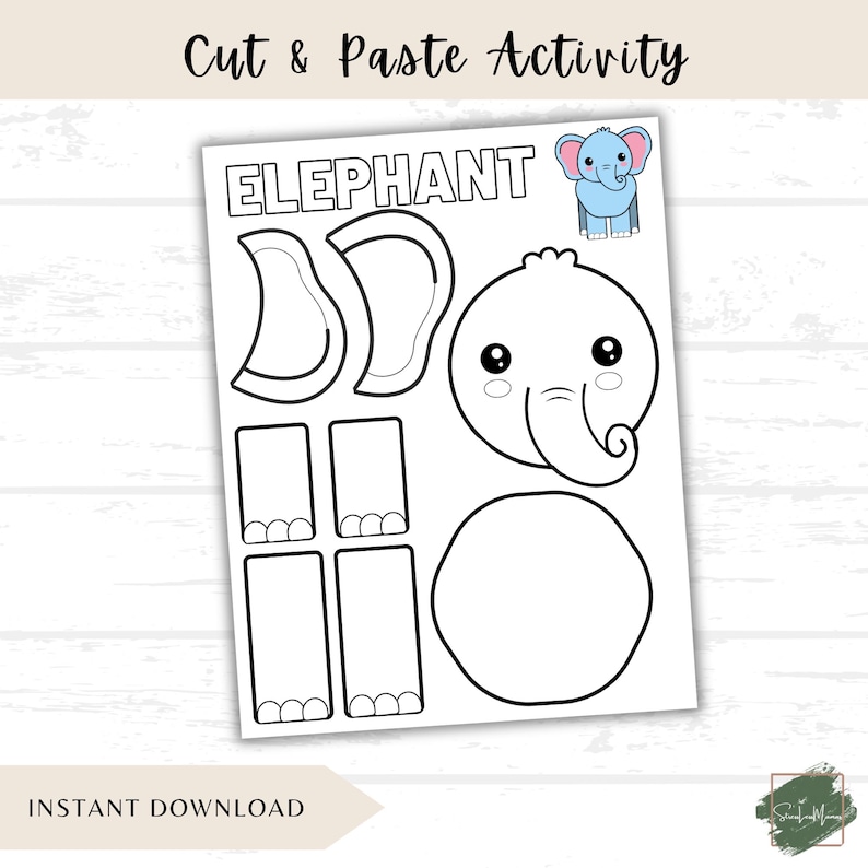 Elephant Cut and Paste Printable for Kids, Kids Activity, DIY Craft ...