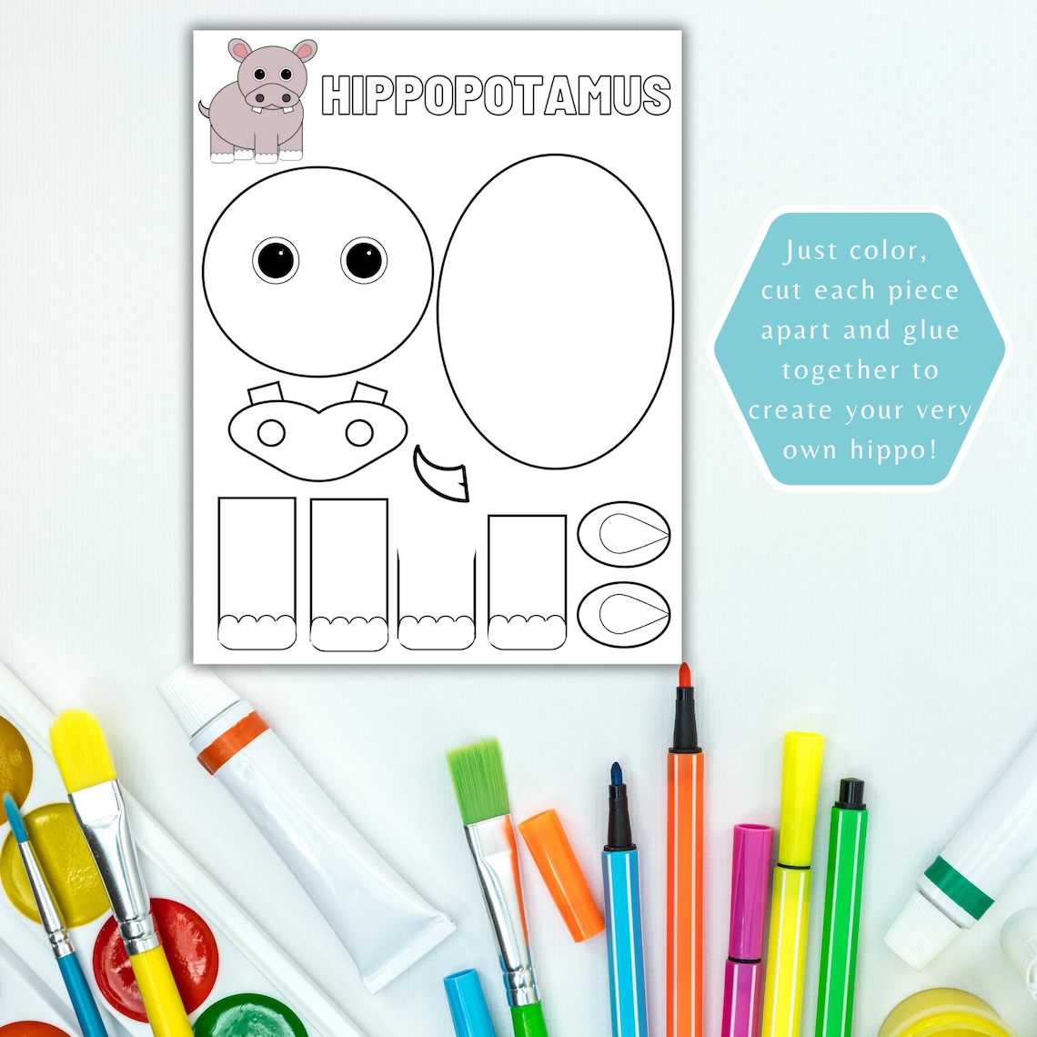 Cut and Paste Hippo Activity, Kids Craft Printable, Hippo Craft for ...