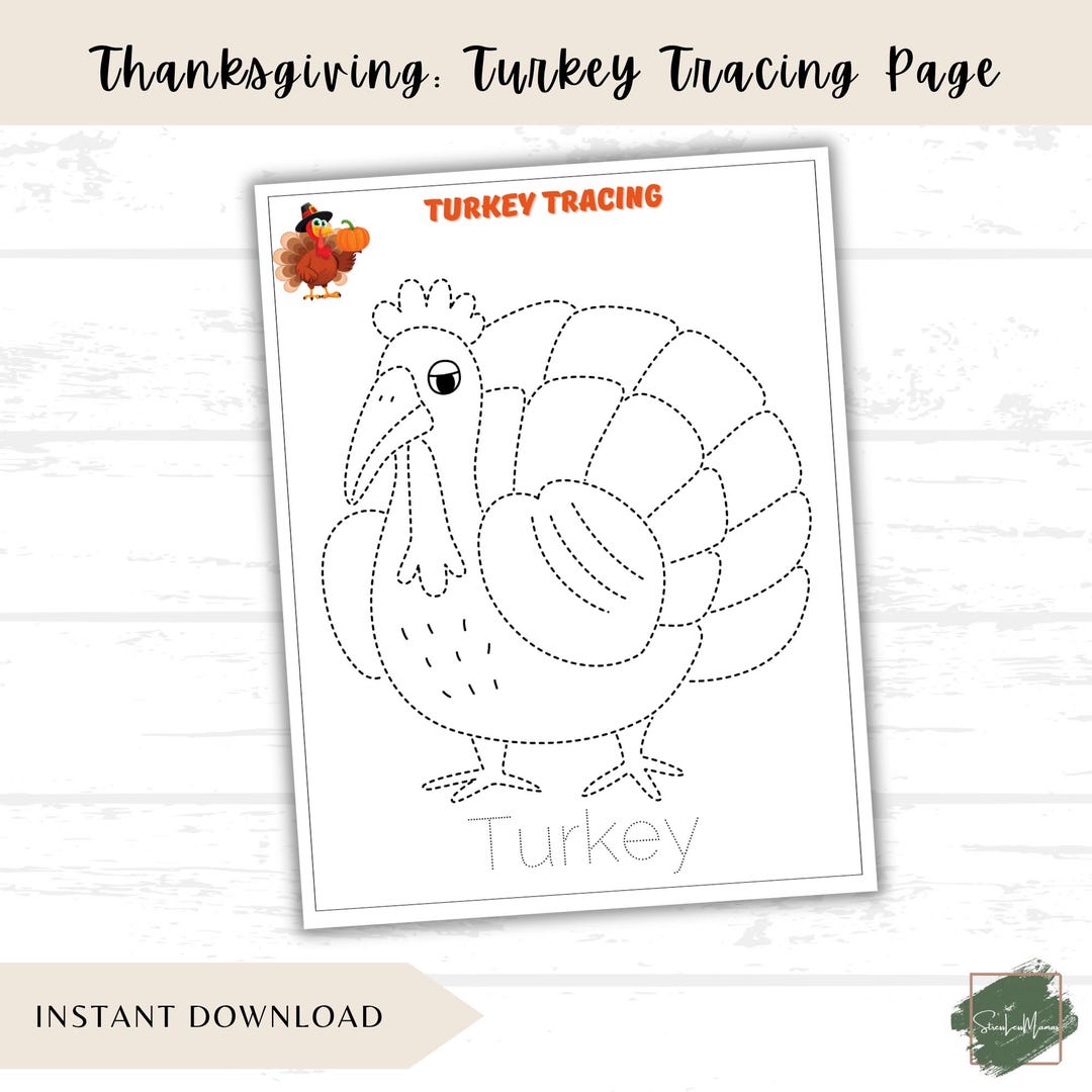 Turkey Tracing Coloring Page for Kids, Thanksgiving Activity Worksheet ...