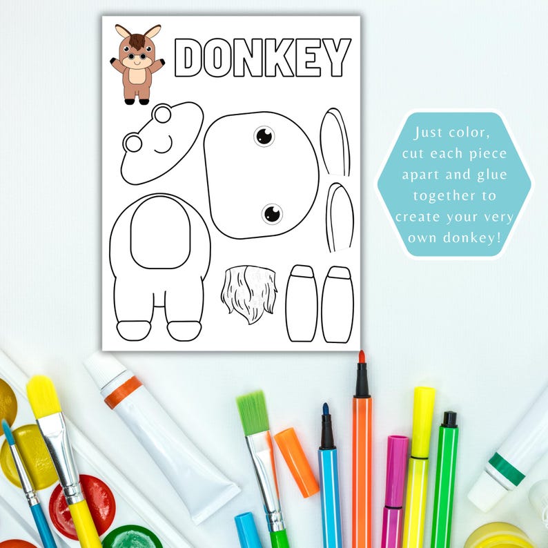 Donkey Craft Worksheet for Kids, Cut and Paste Activity, Printable ...