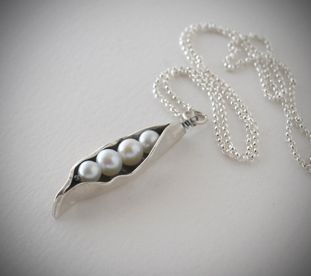 Four Pearl Pea Pod Necklace - Silver Pea Pod Mother's Necklace - Mom's ...