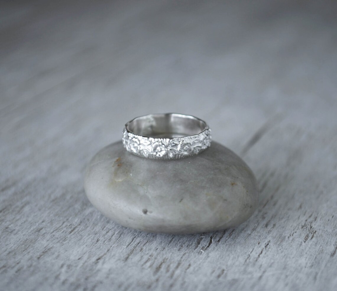 Silver Flower Band Sterling Silver Band Floral Pattern | Etsy