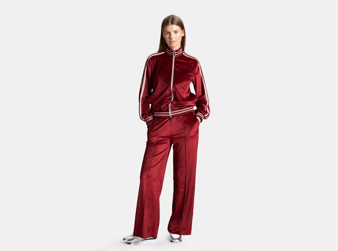 Ivy Red Velvet Tracksuit Set, Womens Luxury Lounge Wear, Striped Jogger ...