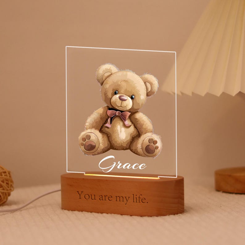 Custom Plush Teddy Bear With Pink Bow Night Light With Name ...