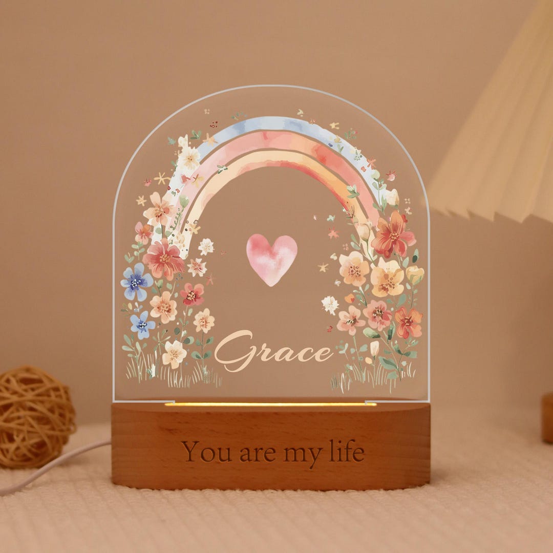 Custom Floral Rainbow Heart Night Light With Name,personalized Lamp of ...